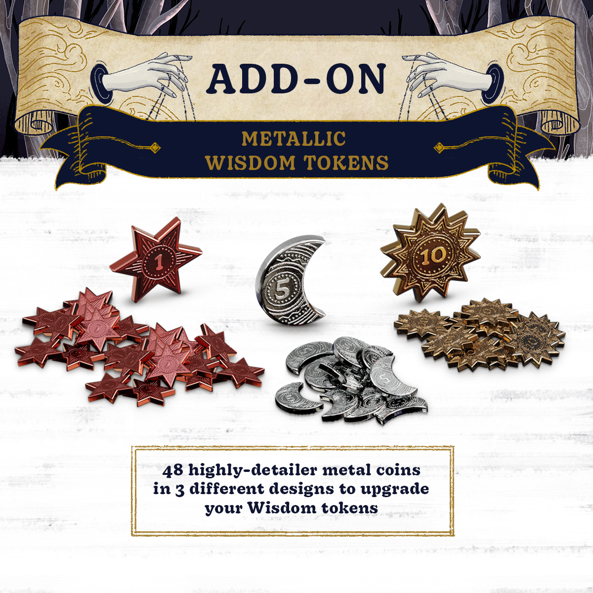 Septima by Mindclash Games - Metallic Wisdom Tokens - Gamefound